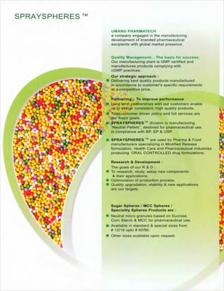 Sugar spheres , neutral pellets and spray spheres | PDF