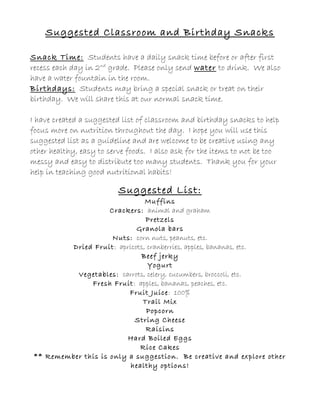 Suggested classroom, party, and birthday snacks | DOC