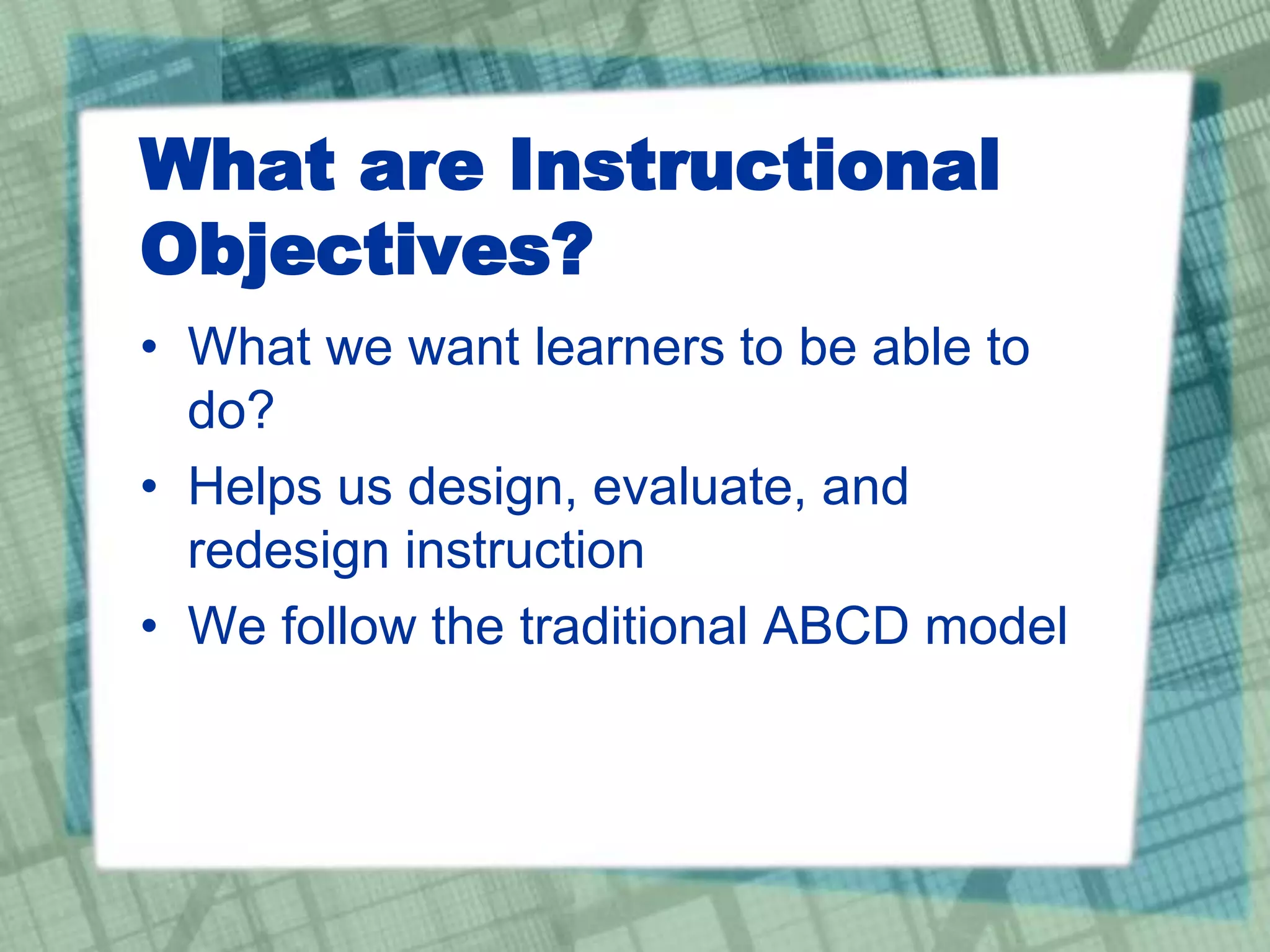 Suggested instructional objectives and assessment tools | PPTX