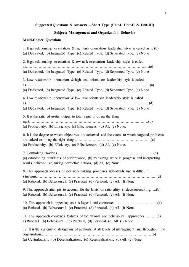 Questions & Answers MOB (Unit I, Unit II & Unit-III) by Dr. G C Mohanta, Professor | DOCX