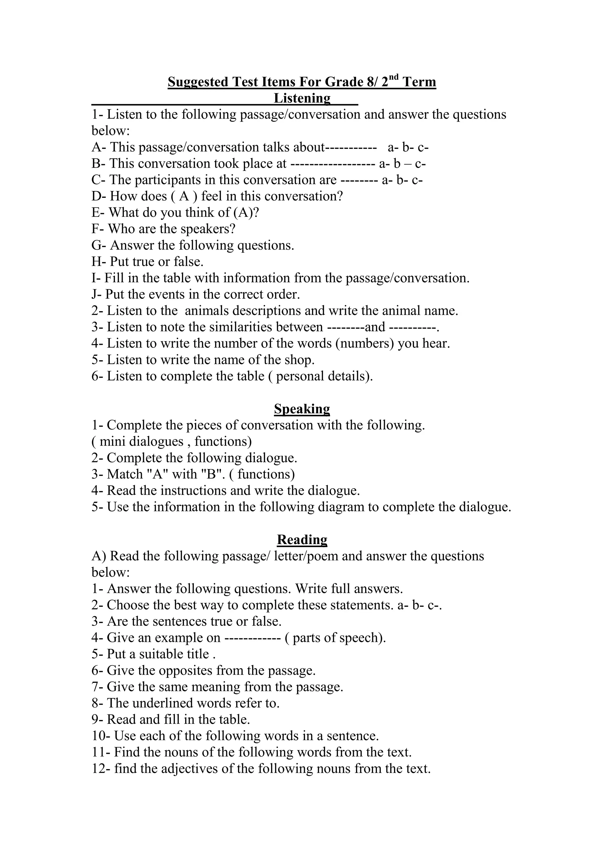 Suggested test items for grade 8 | DOCX