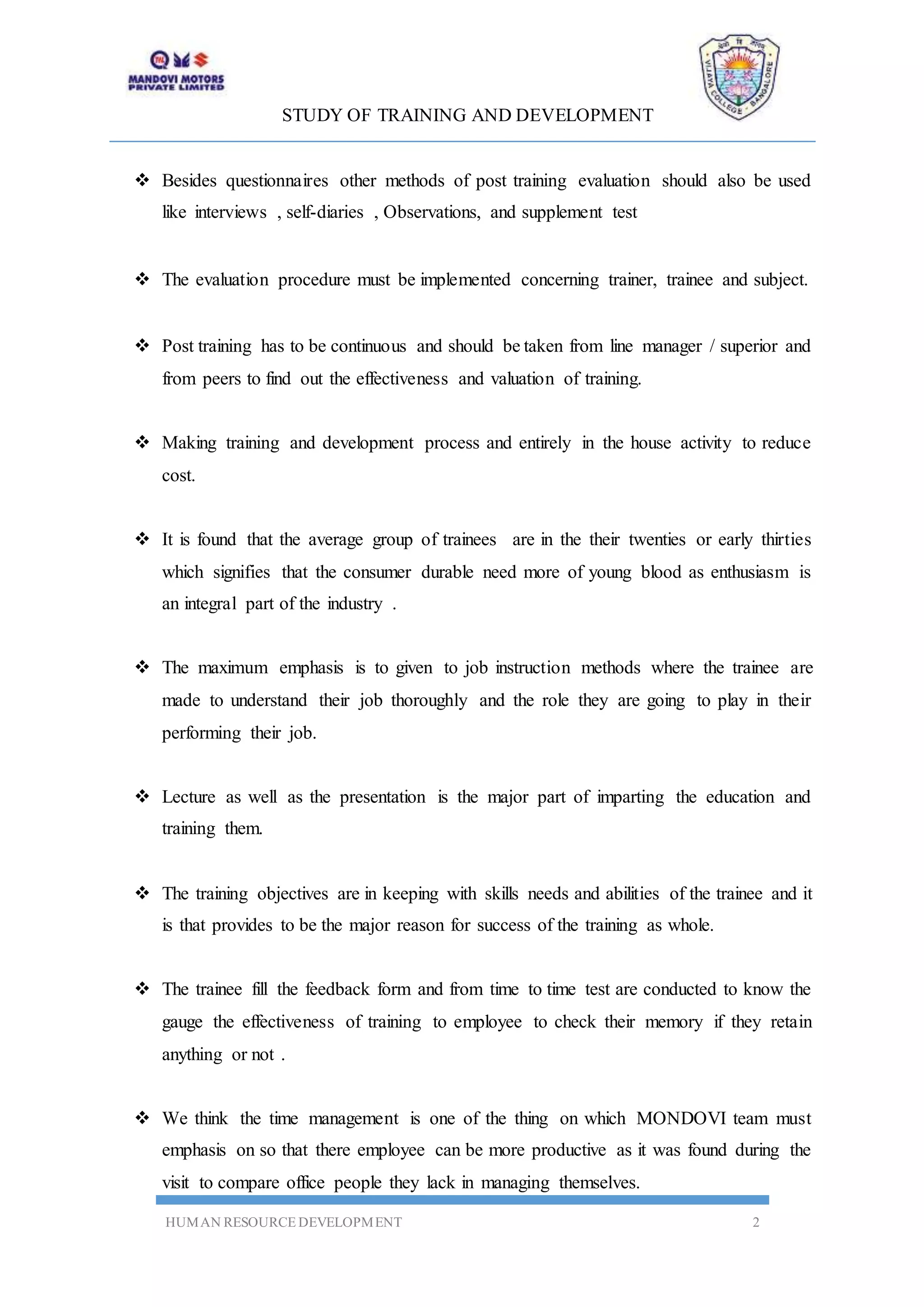 Training & development Suggestions and connclusions | DOCX