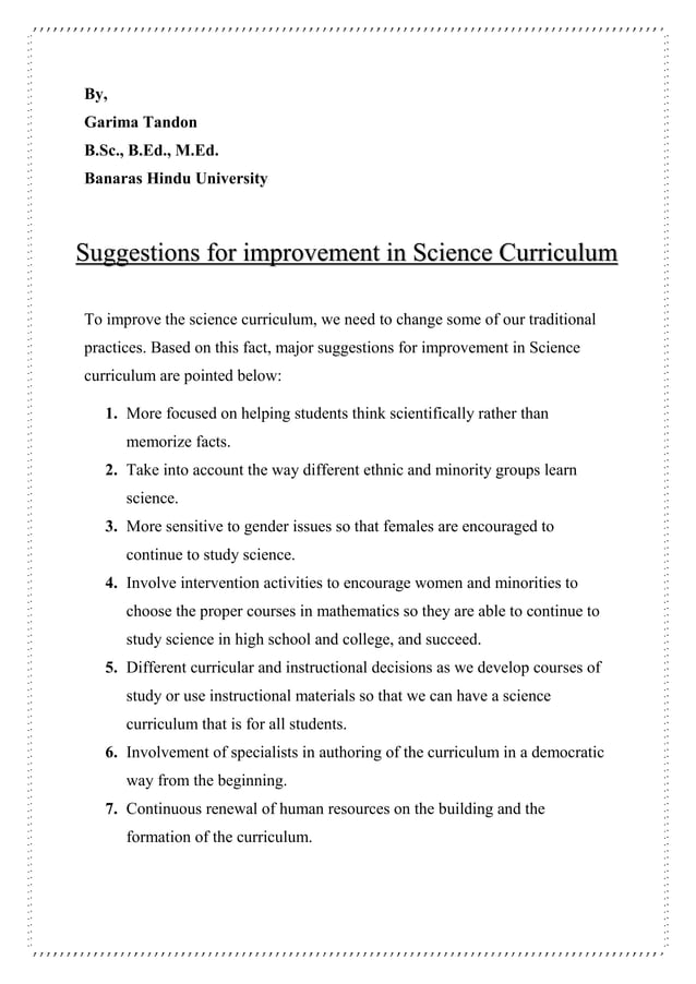 Suggestions for improvement in science curriculum by Garima Tandon | PDF
