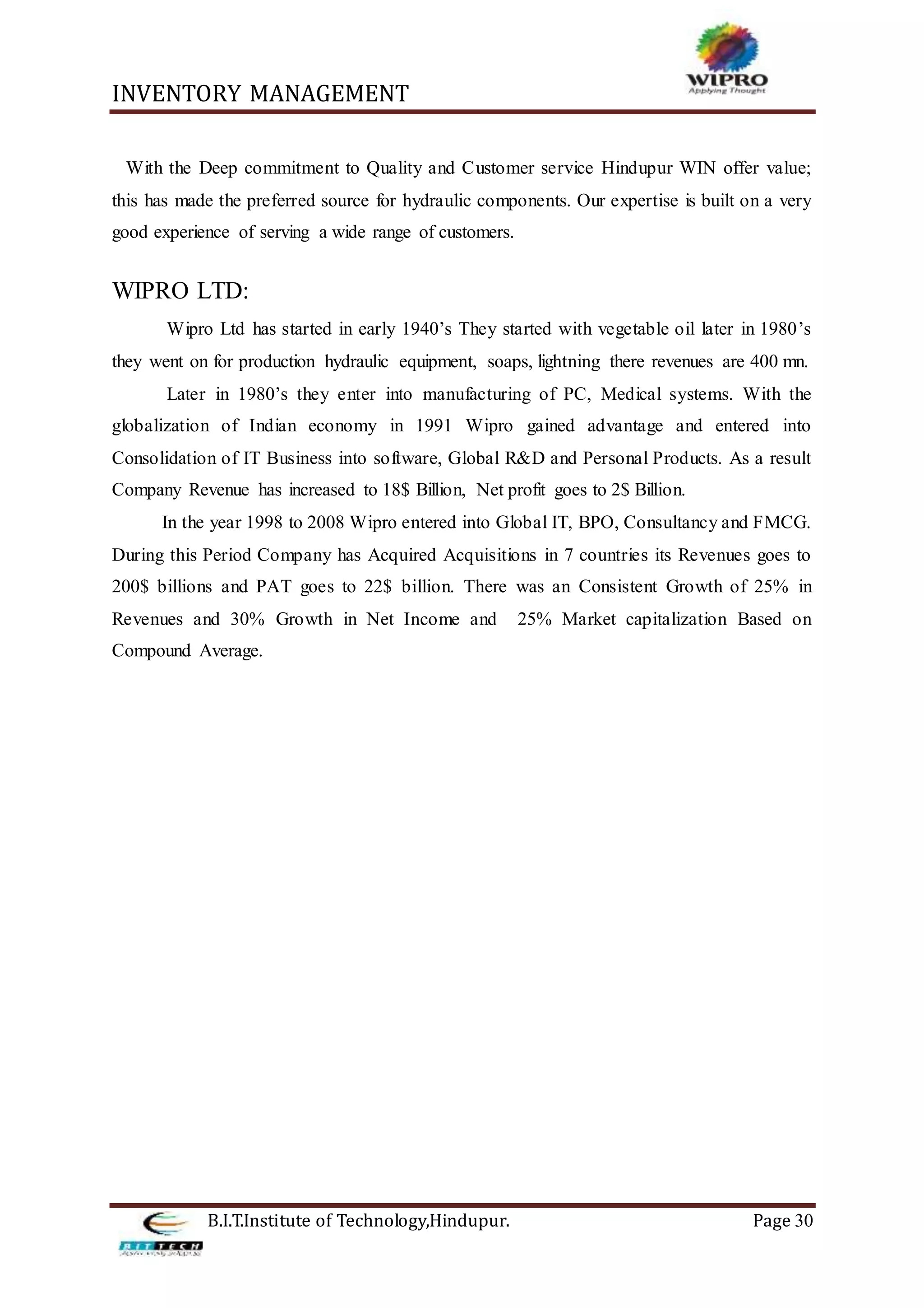 A study on Inventory Management WIPRO MBA project | DOCX