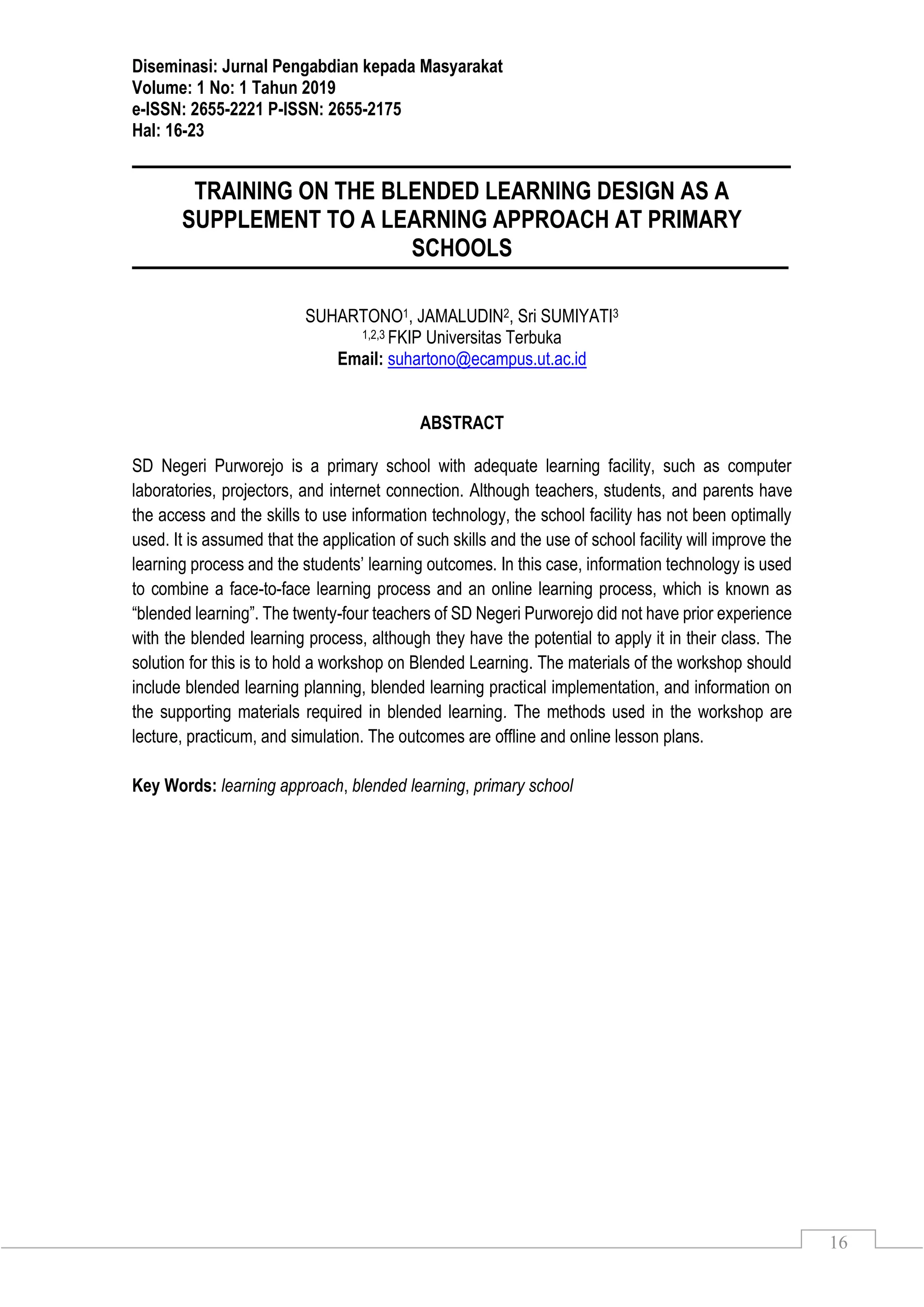 TRAINING ON THE BLENDED LEARNING DESIGN AS A SUPPLEMENT TO A LEARNING APPROACH AT PRIMARY ...