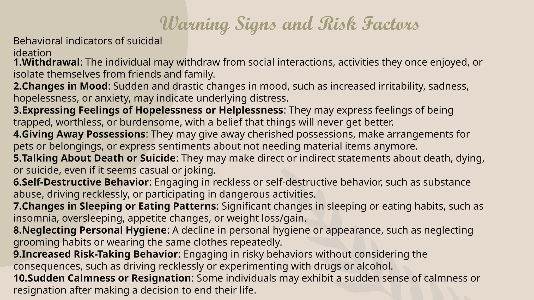 Suicidal Ideation risks and warning signs | PPTX