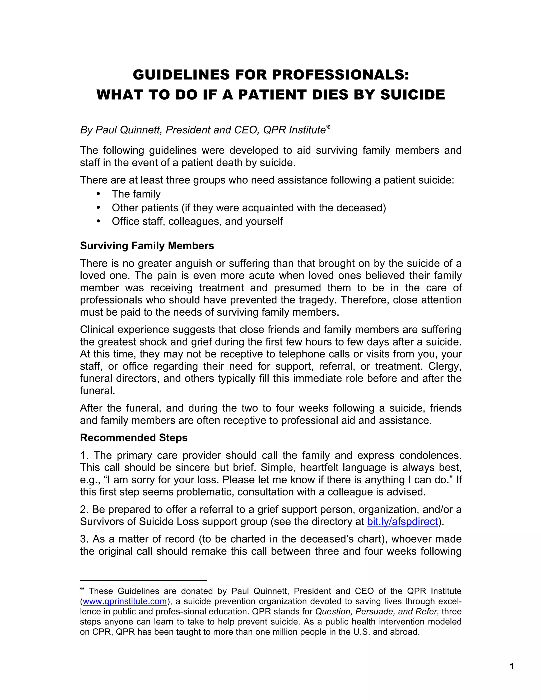 Postvention Guidelines for Professionals: Suicide of a Client | PDF