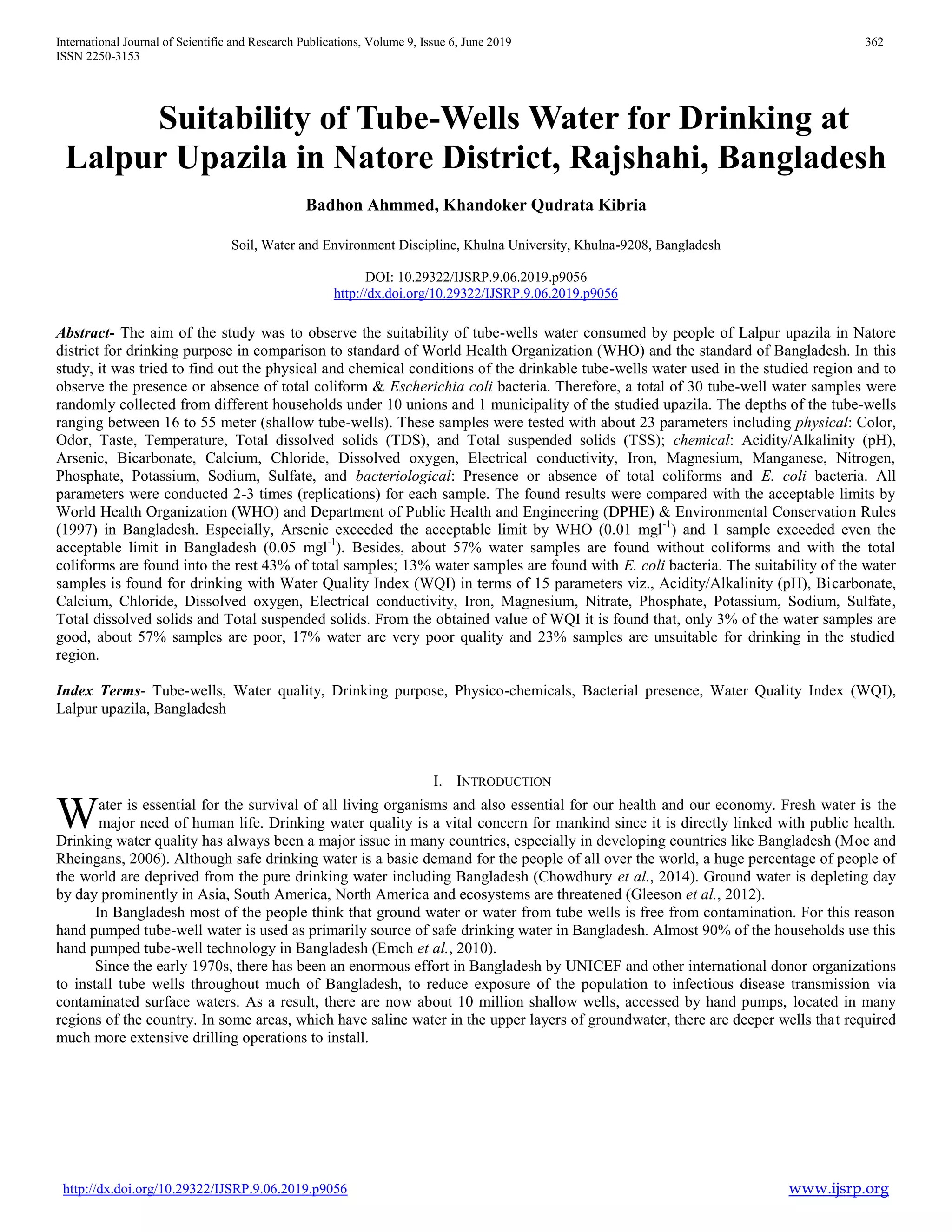 Suitability of tube wells water for drinking at lalpur upazila in ...