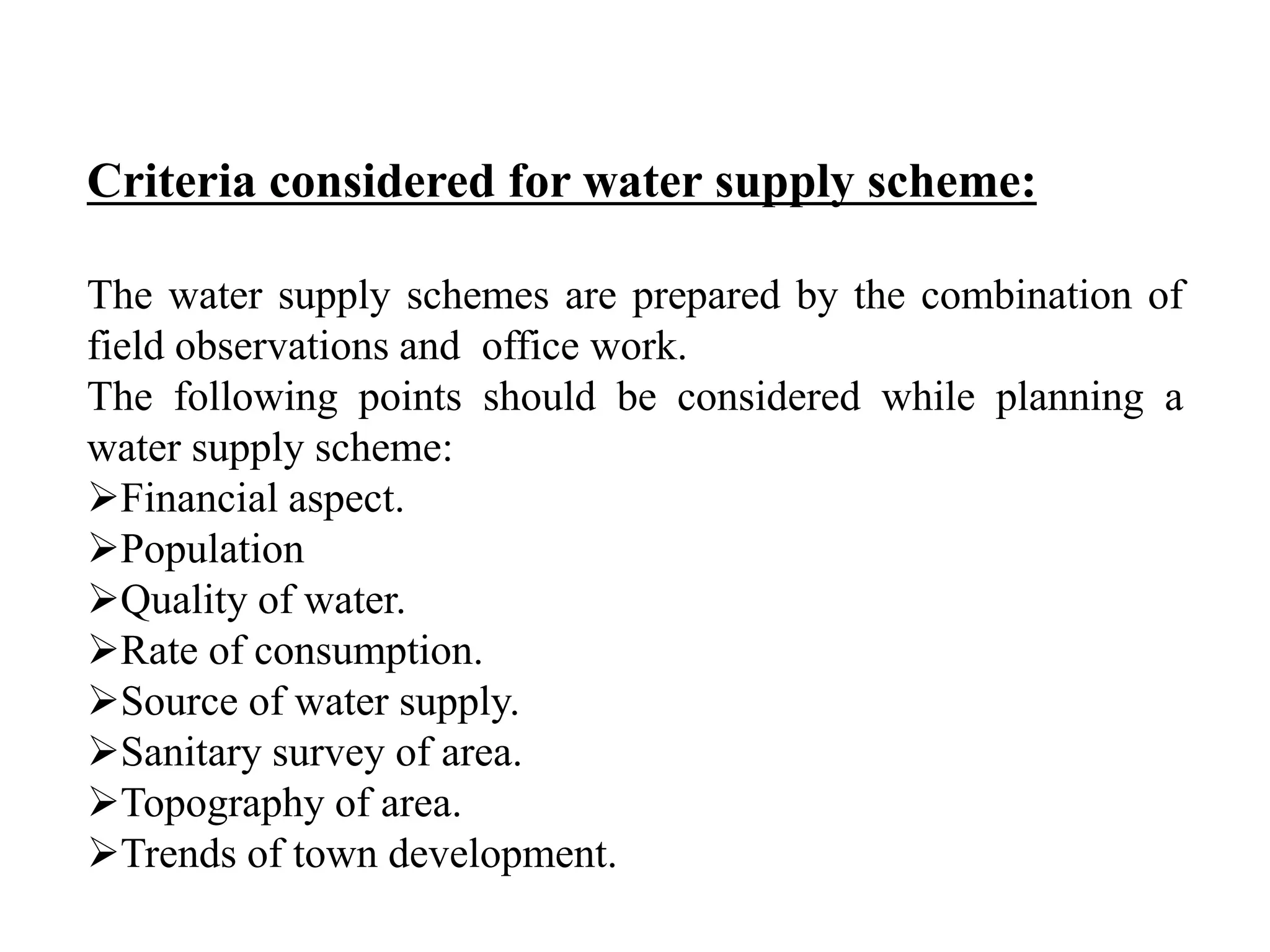 Suitability selection of source and criteria considered for water ...