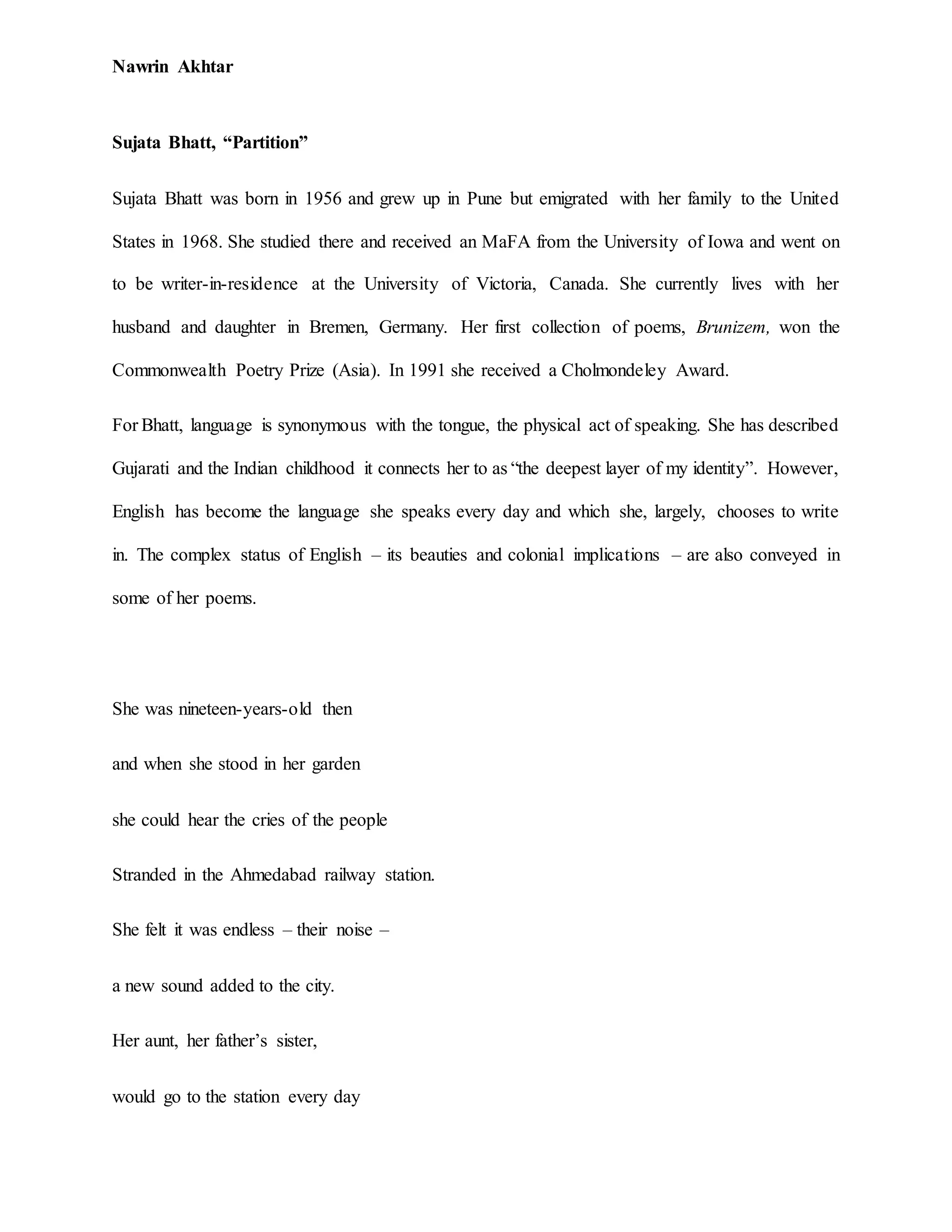 Sujata Bhatt Partition Docx
