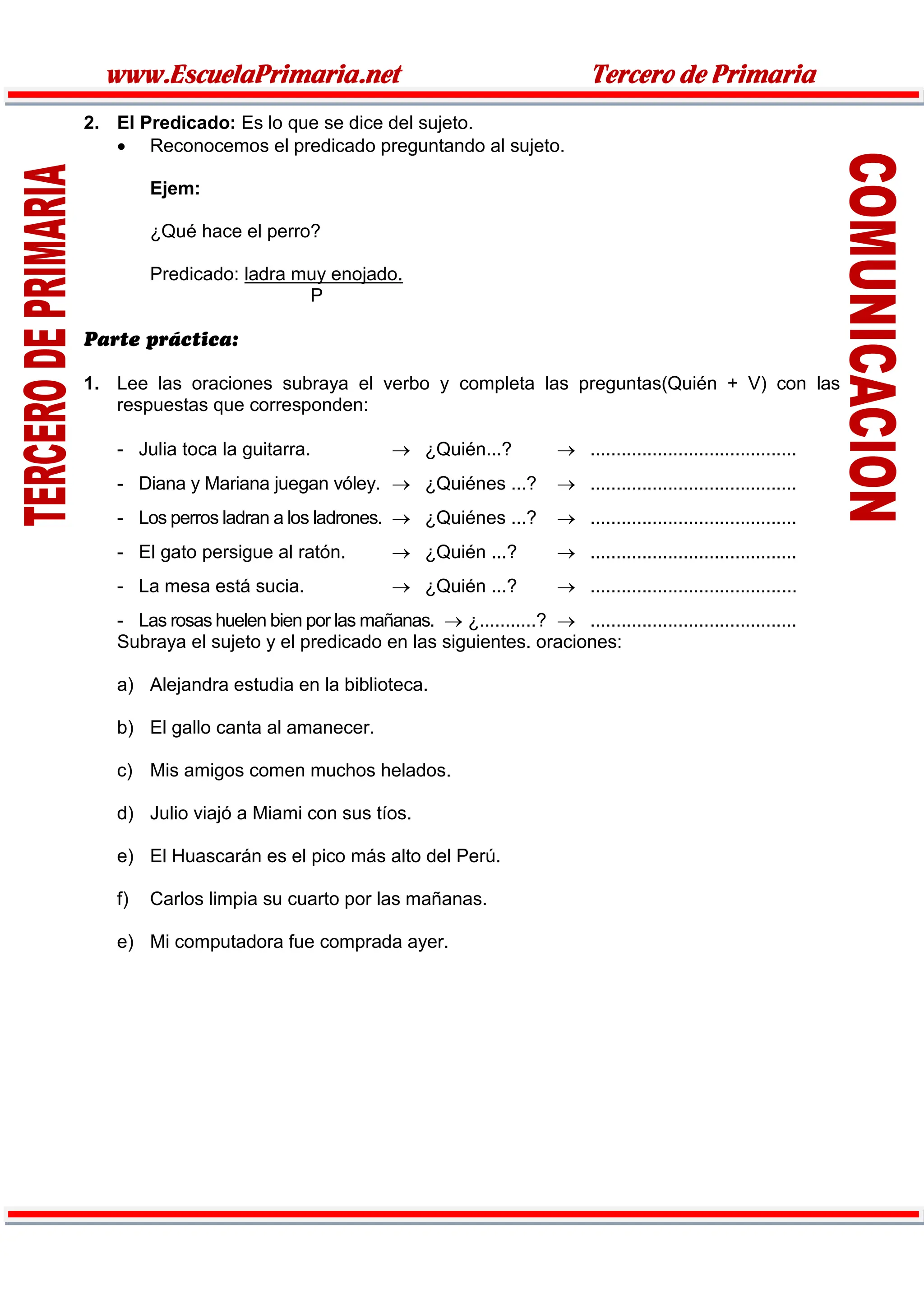 Hojas De Trabajo De Sujeto Y Predicado Para Tercer Grado