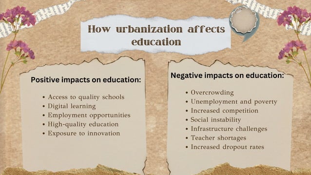 Explore how urbanization affects education and social mobility. Discuss ...