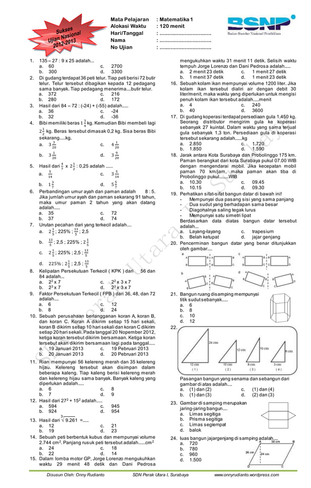 Prediksi Soal Ujian Nasional SD Mapel MTK 2017/2018 | PDF | Free Download