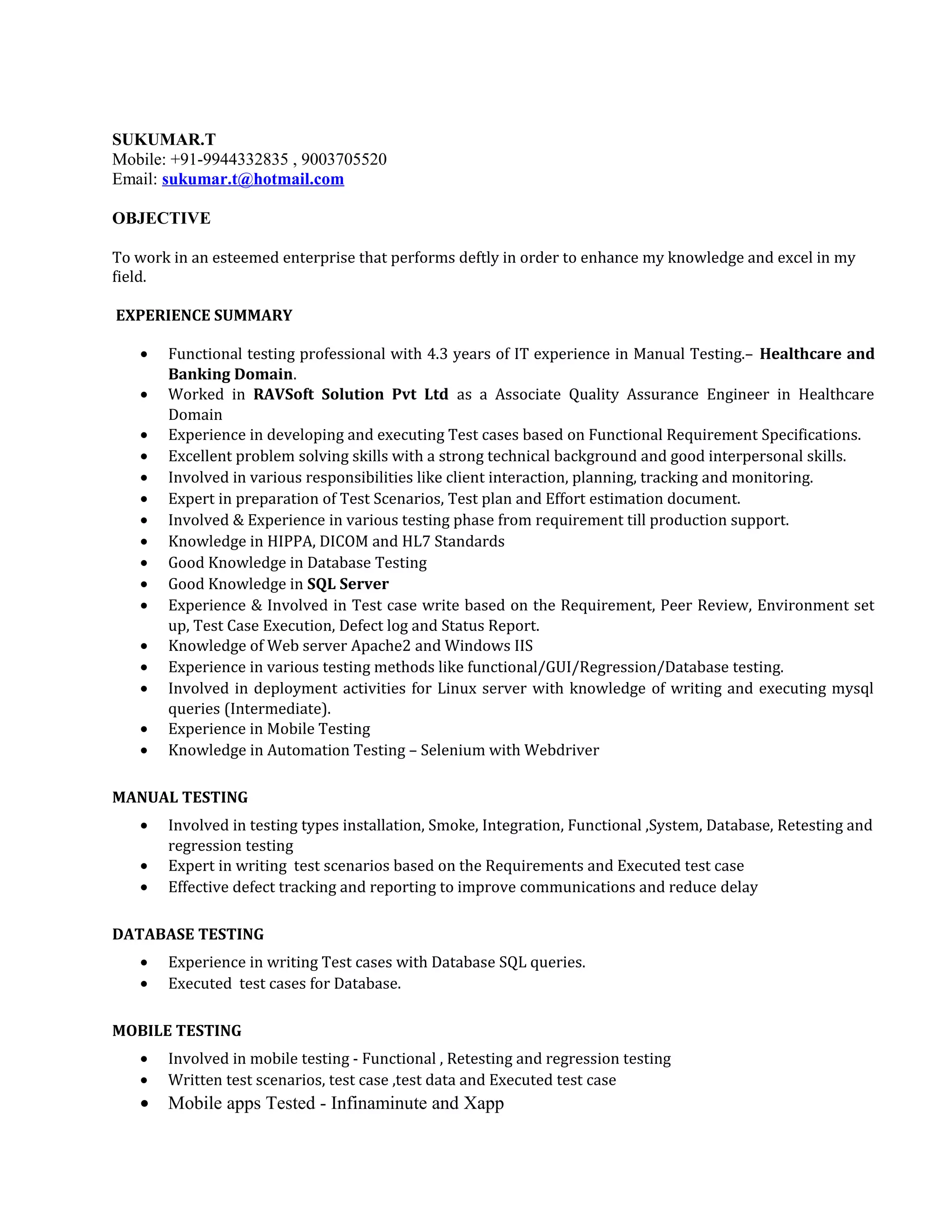 Sukumar resume | PDF