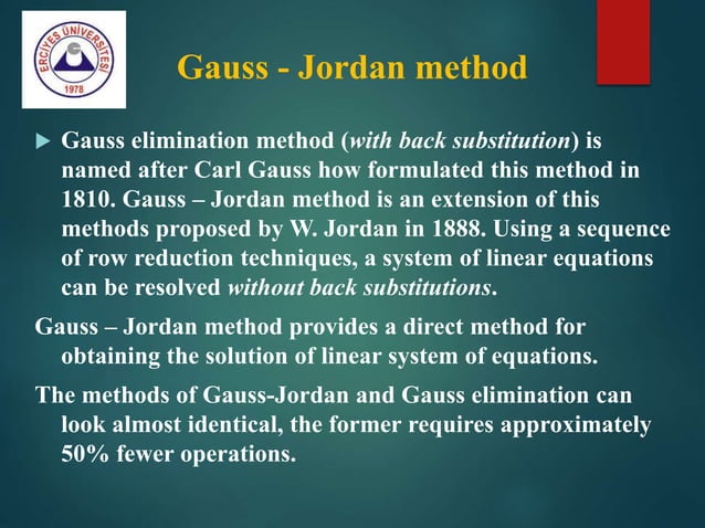 Solving linear equation systems using direct methods: Gauss Jordan and Aitken methods | PPTX