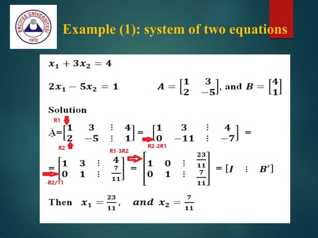 Solving linear equation systems using direct methods: Gauss Jordan and Aitken methods | PPTX