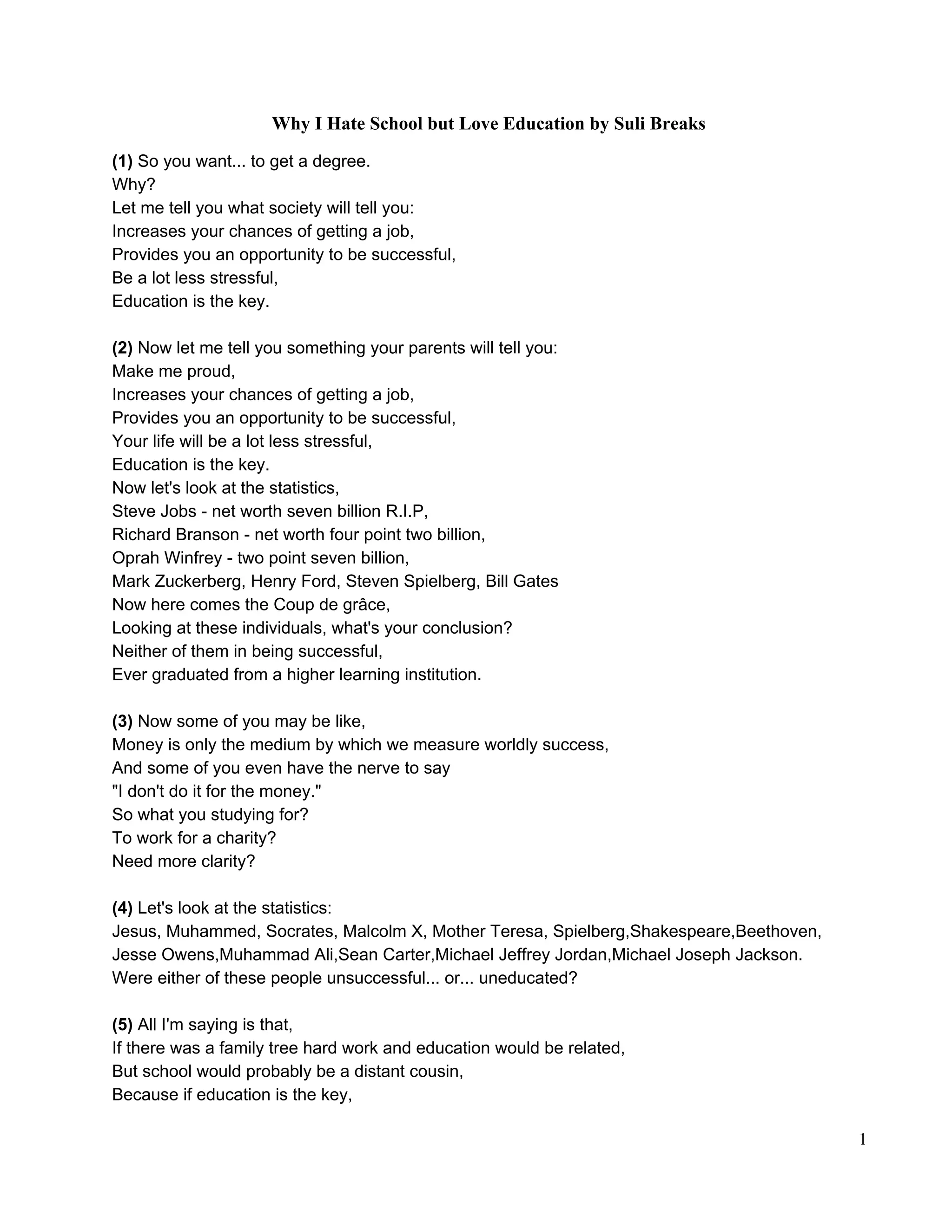 "Why I Hate School" by Suli Breaks | PDF