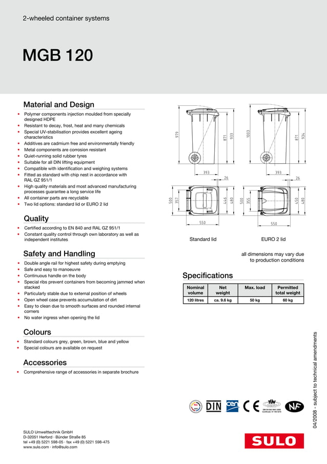 Sulo 120 Ltr 2 Wheeled Bin Pdf Auto Type Automotive