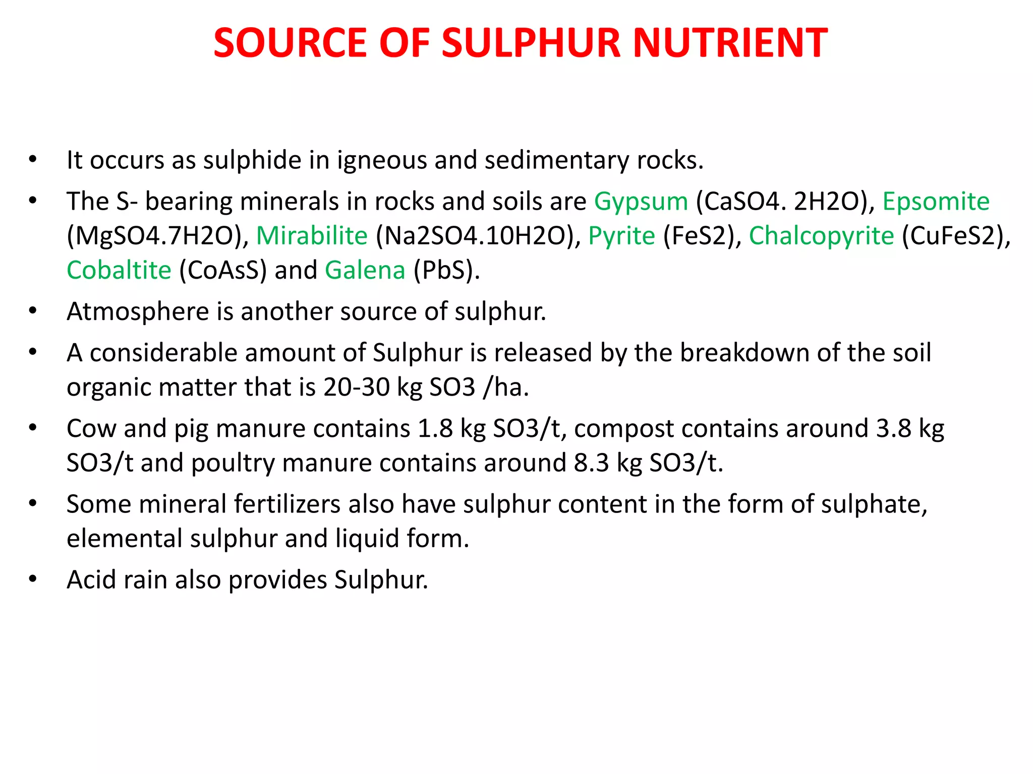Sulphur-Source, forms, fertilizers, their behaviour in soils, factors ...