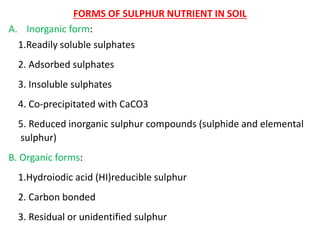 Sulphur-Source, forms, fertilizers, their behaviour in soils, factors ...