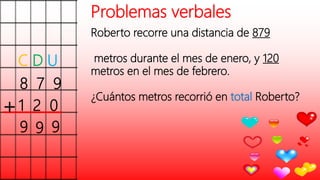 Suma de 3 dígitos y problemas verbales | PPTX