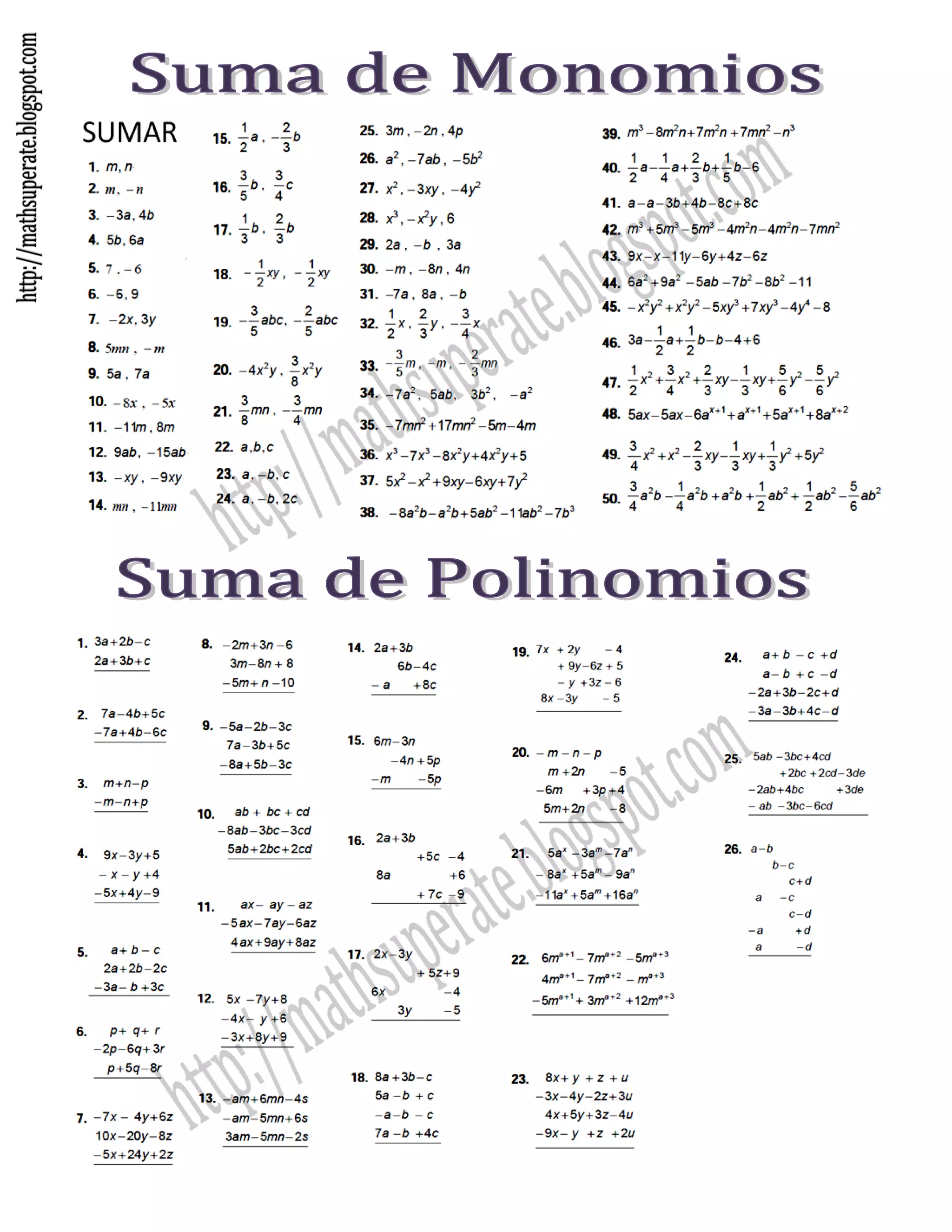Suma de Monomios y Polinomios | PDF