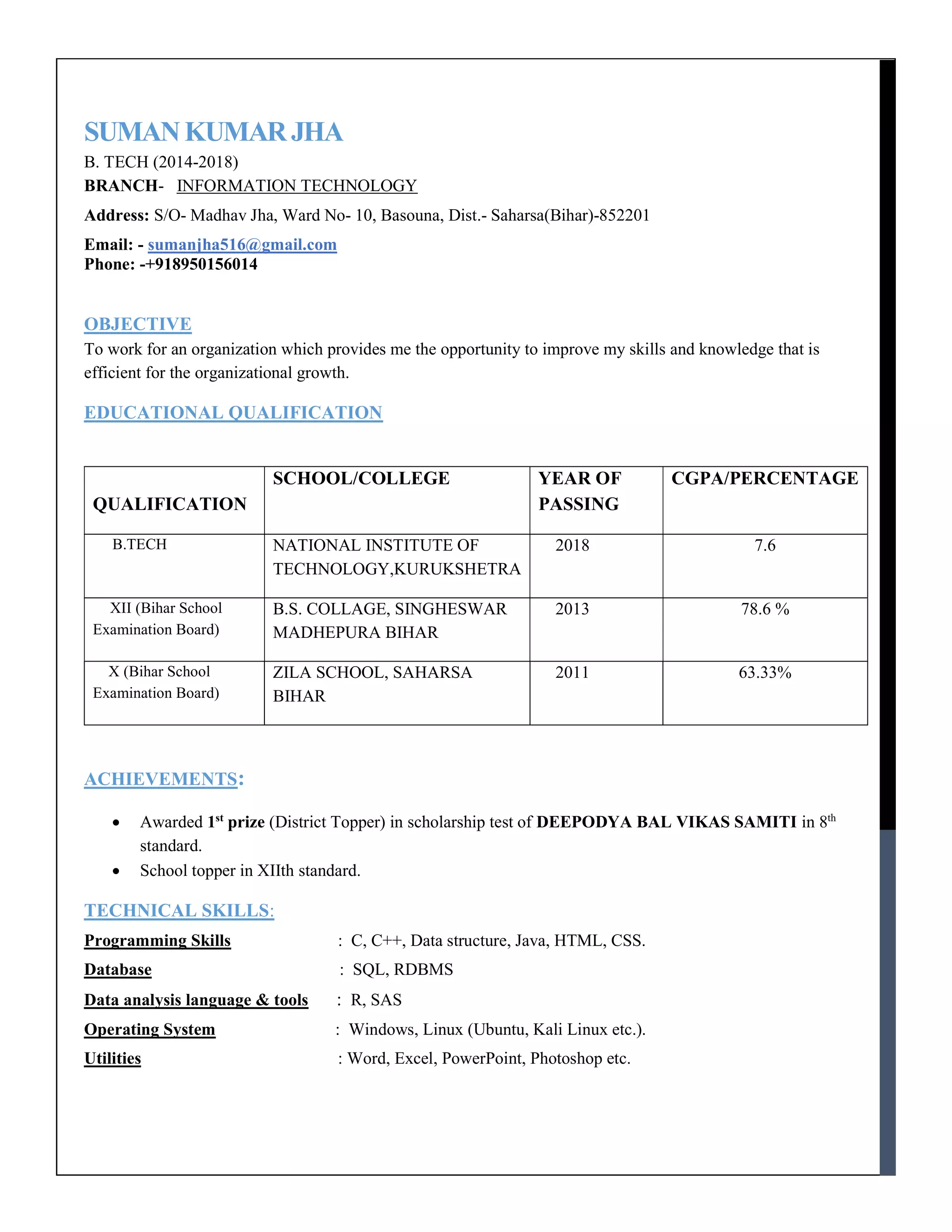 Suman kumar jha_cv | PDF