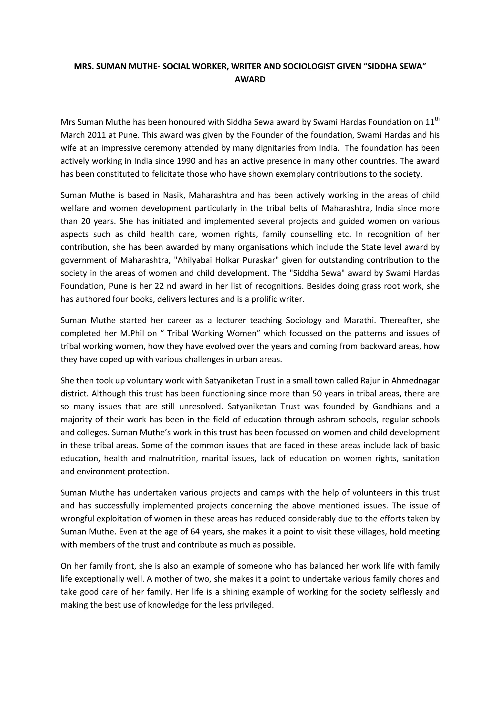 Suman Muthe-Sociologist, Social Worker for tribal women | PDF