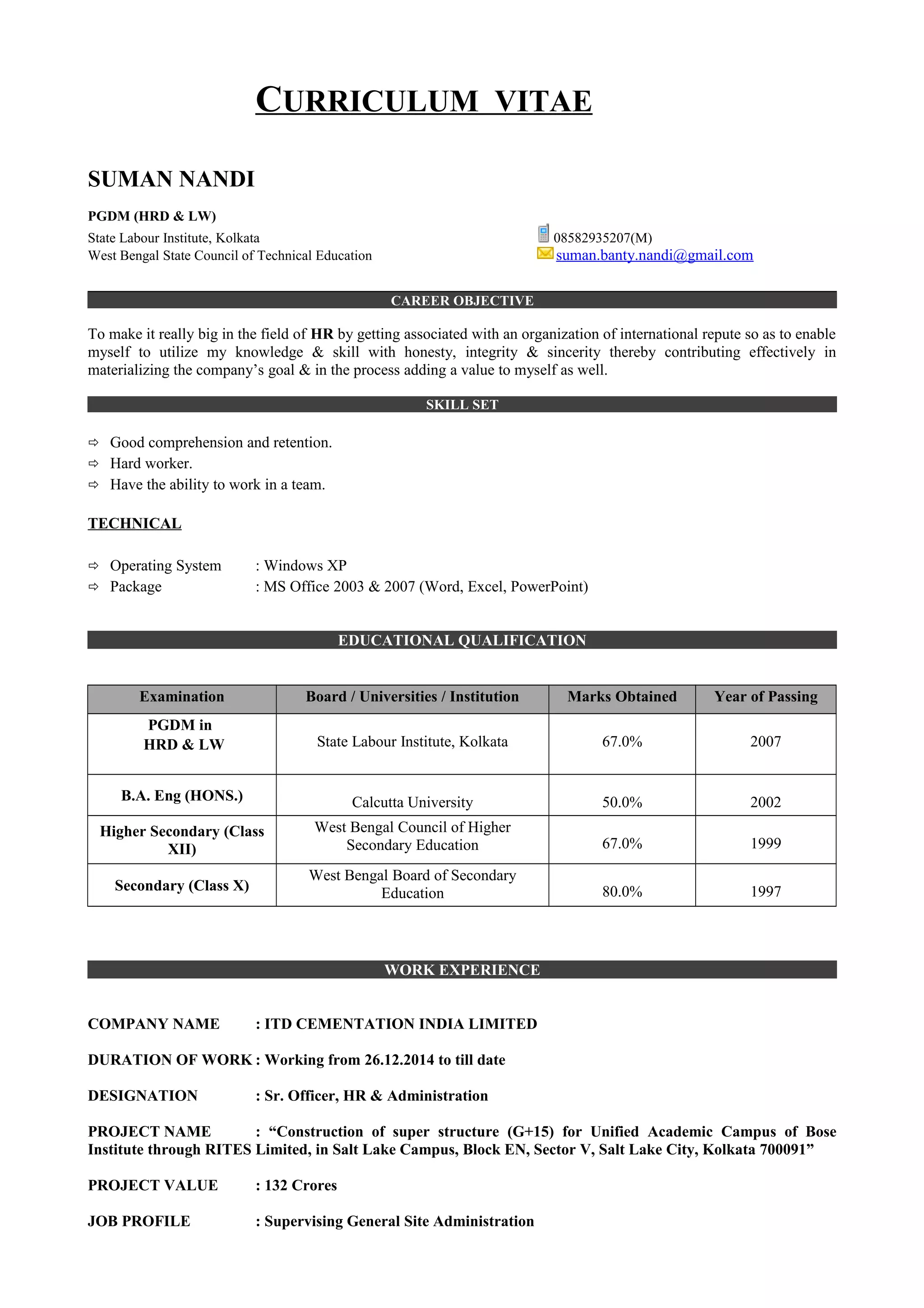 Suman Nandi Resume Doc Business Administration Business