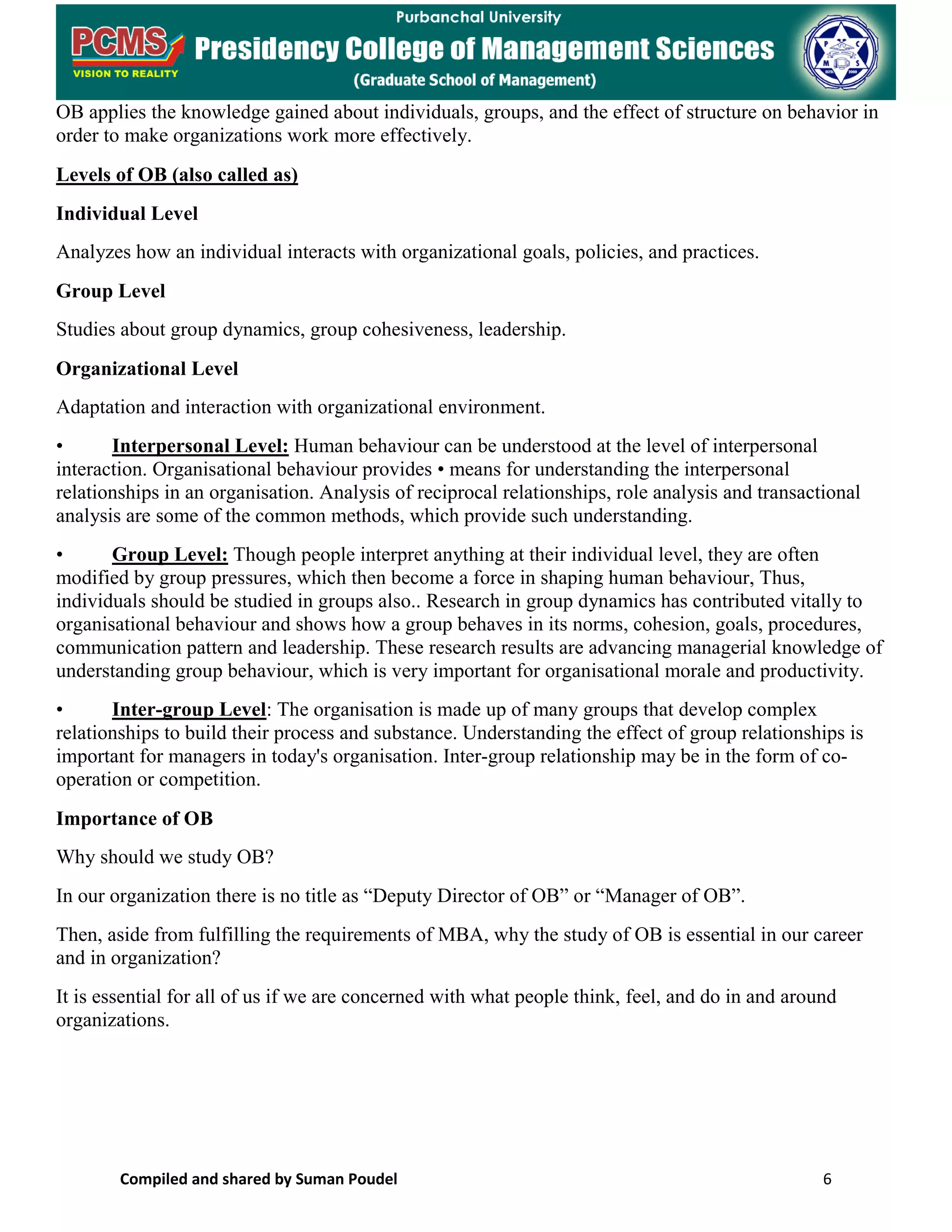 MBA 1s sem Organisational Behaviour Notes | PDF