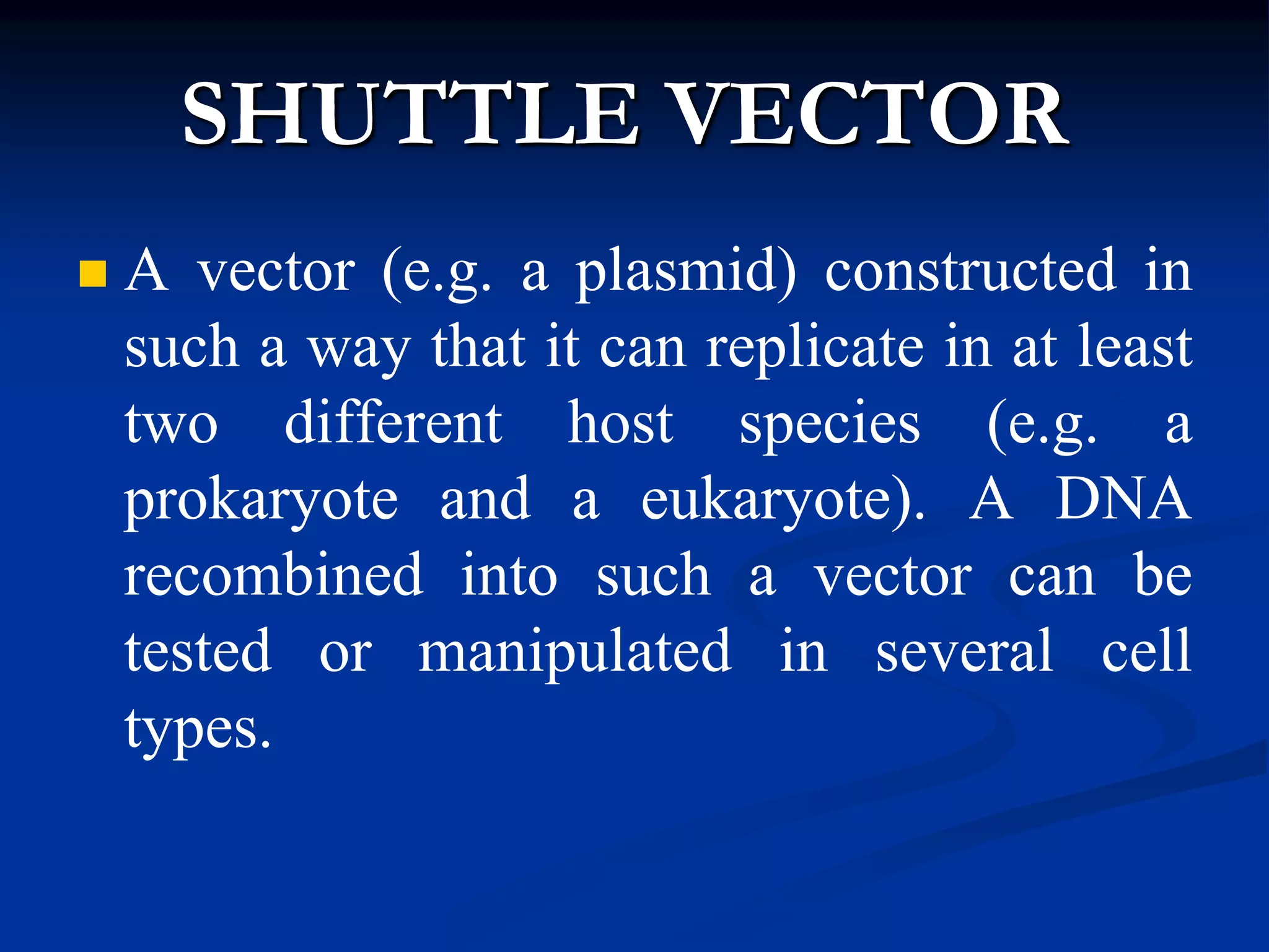 A comprehensive study of shuttle vector & binary vector and its rules of in gene transfer | PPTX