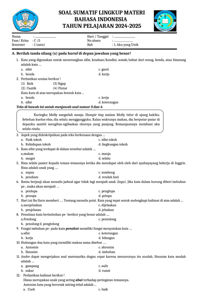 EVALUASI SUMATIF LINGKUP MATERI 1 BAHASA INDONESIA | DOC