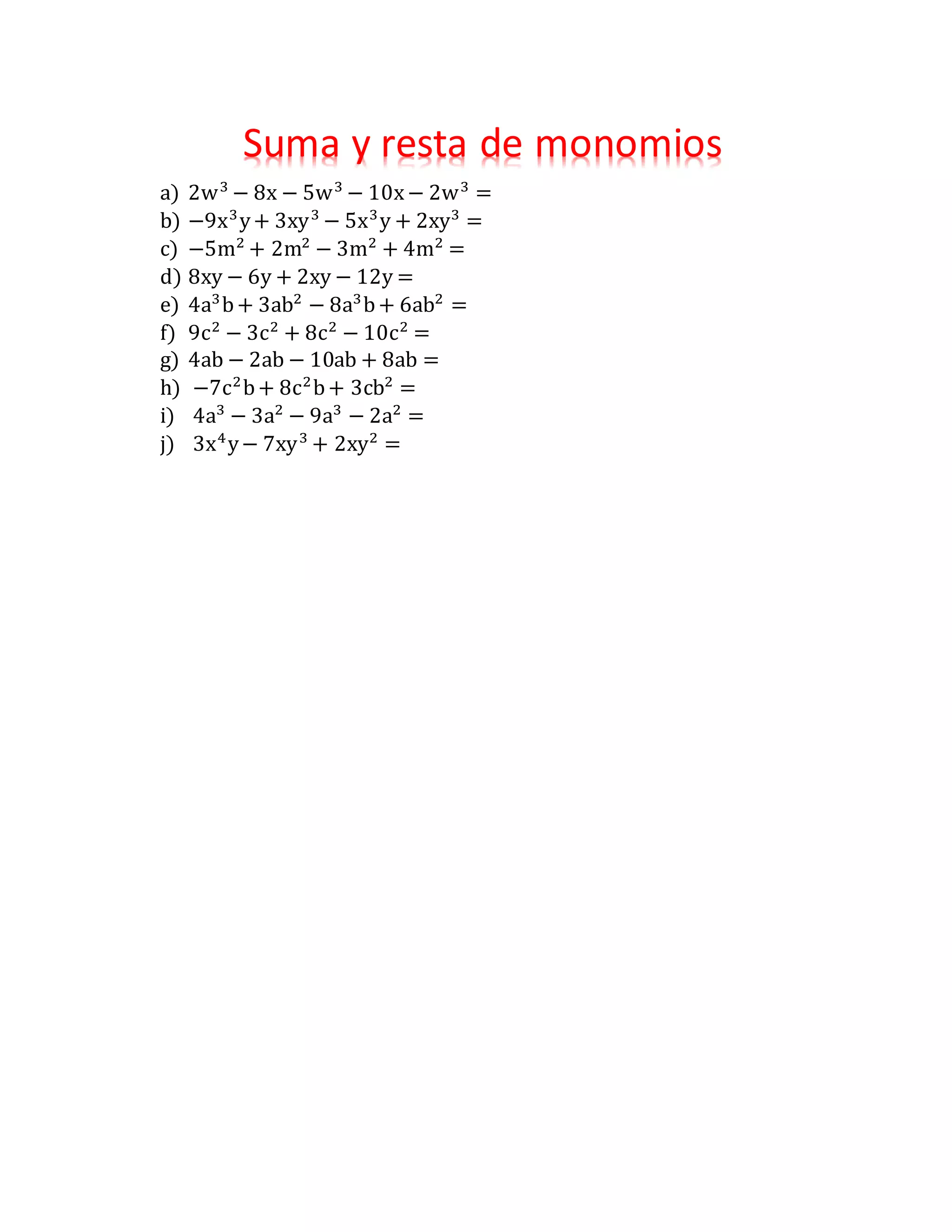 Suma y resta de monomios | DOCX