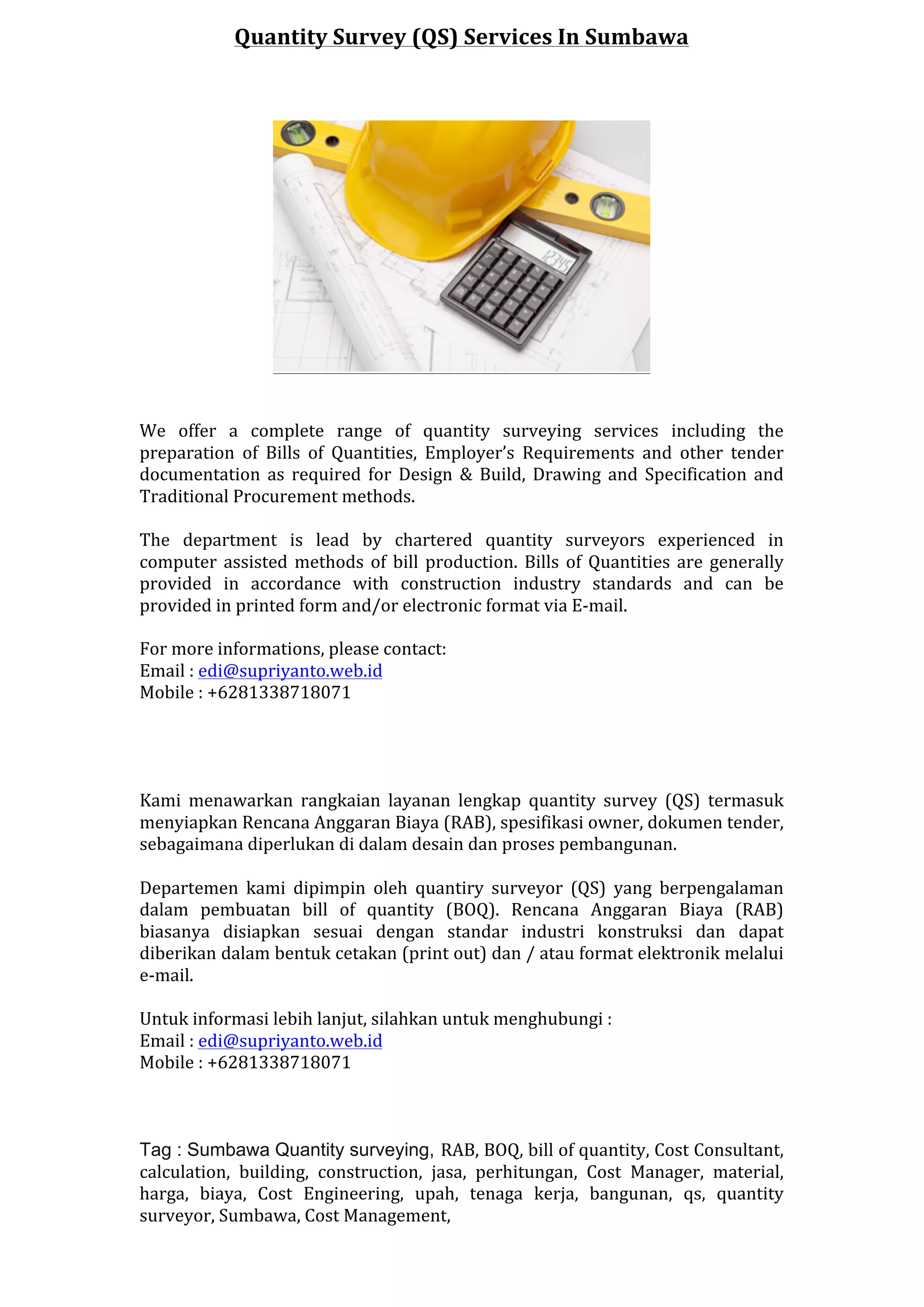 Sumbawa quantity surveyor | PDF