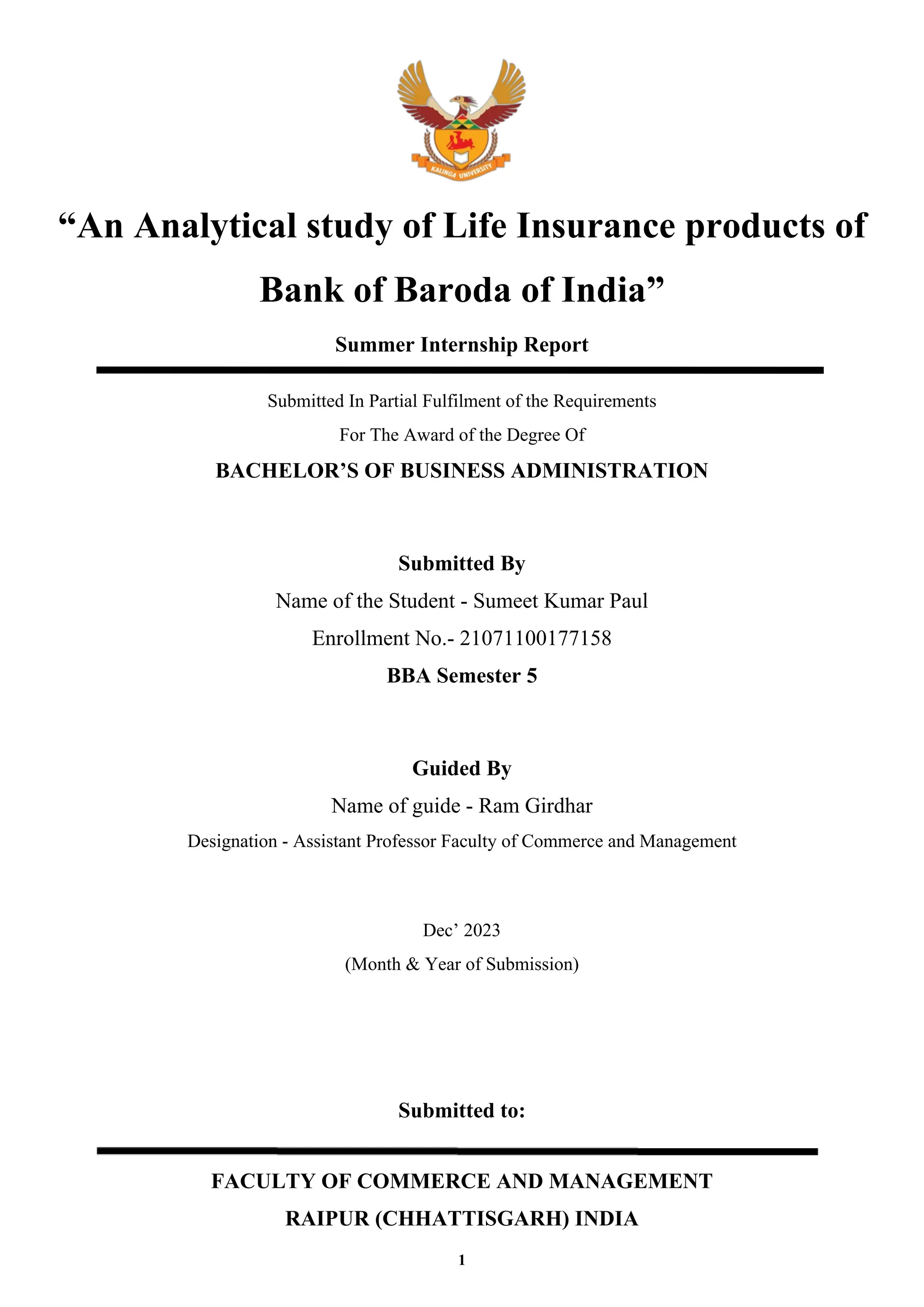 An Analytical Study of Life Insurance Products of Bank of Baroda of ...