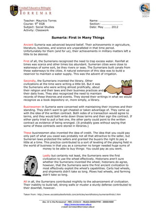 Classwork - Sumerian Achievements | DOCX