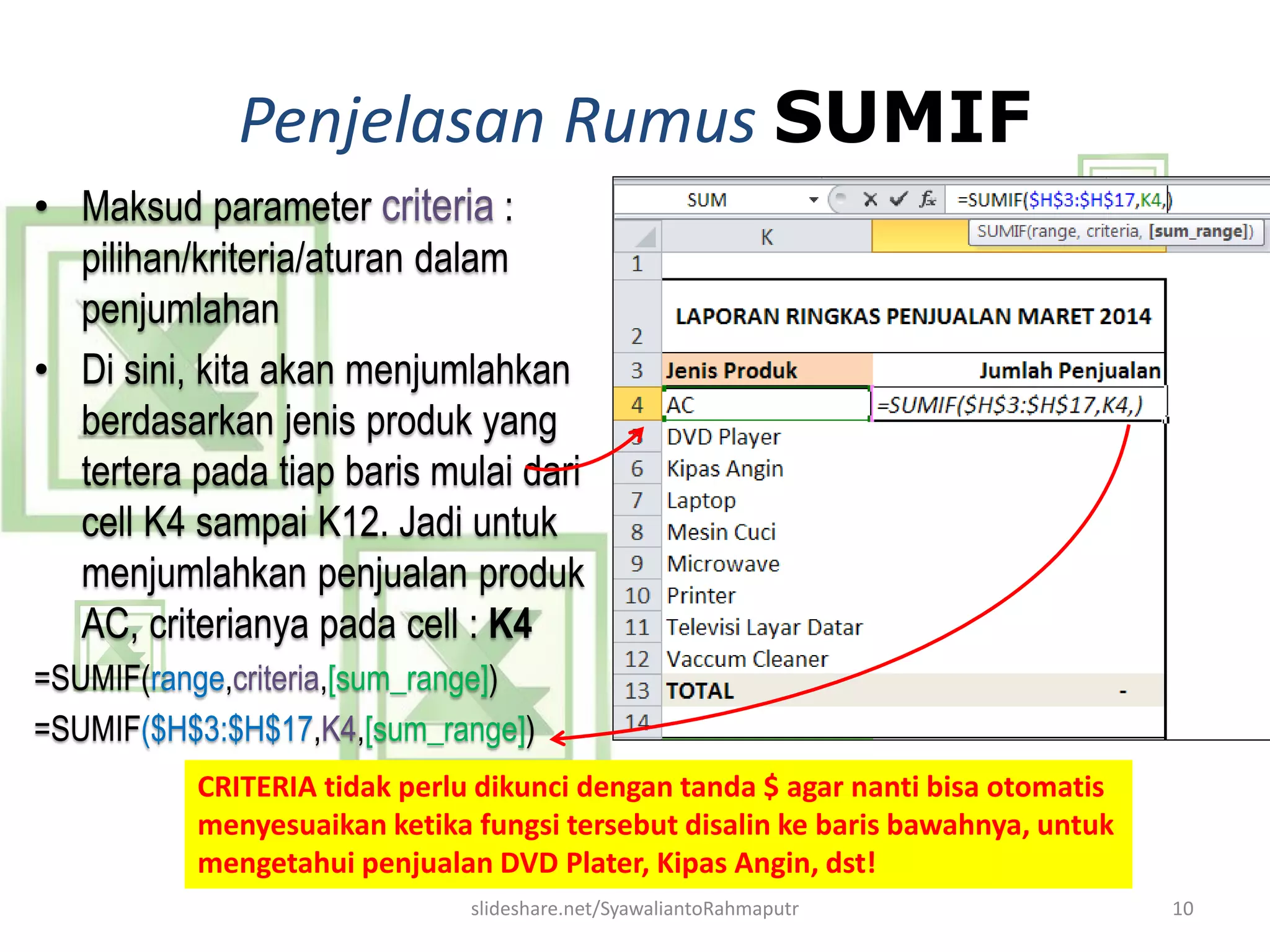 Belajar MS Excel - Rumus Sumif (penjumlahan pintar, memilih data ...