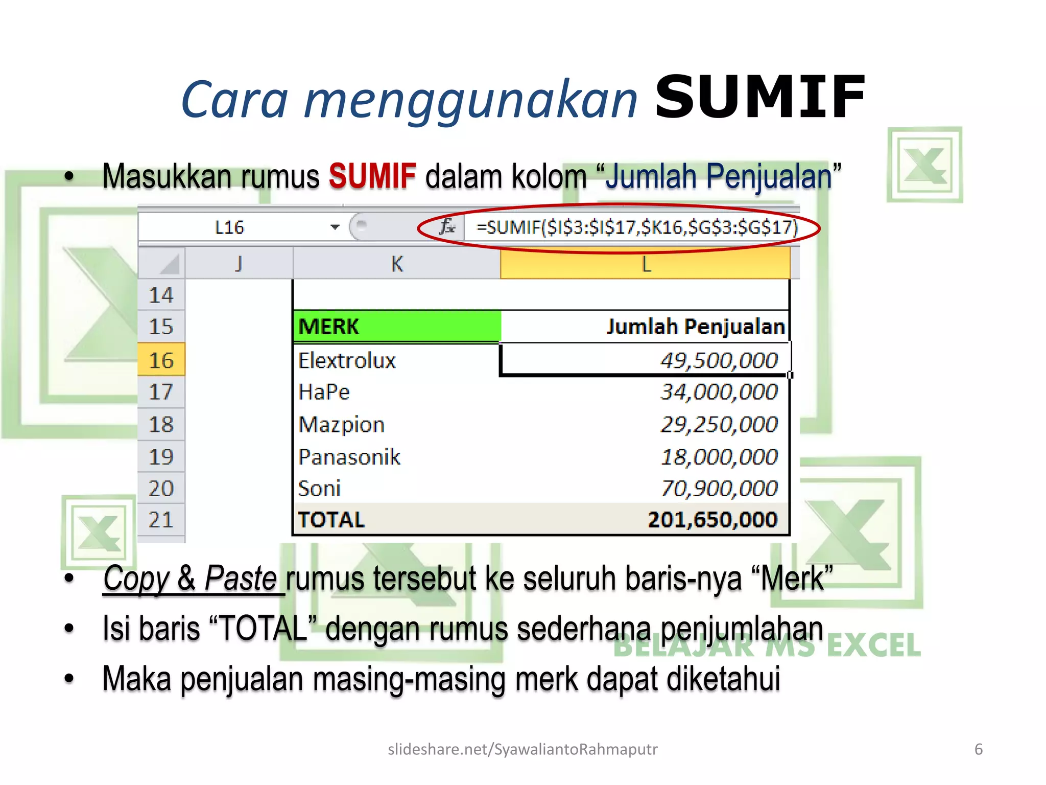 Belajar MS Excel - Rumus Sumif (penjumlahan pintar, memilih data ...