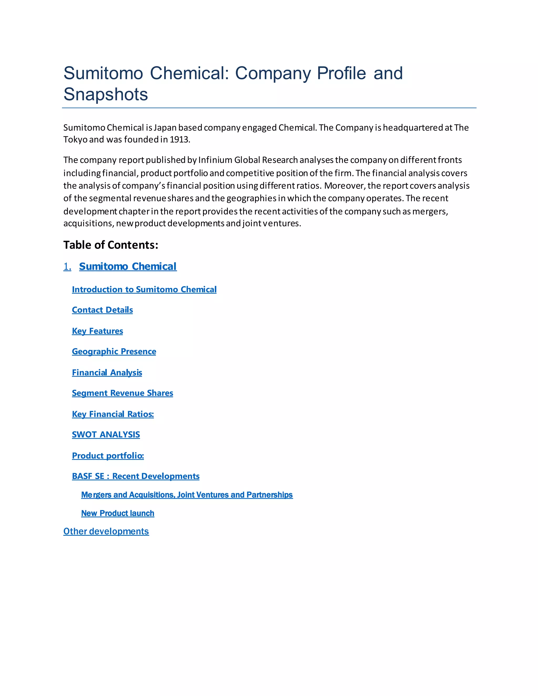 Sumitomo Chemical: Company Profile and Snapshots | DOCX
