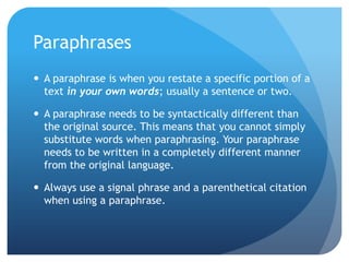 Summaries, Paraphases, and Quotes | PPTX