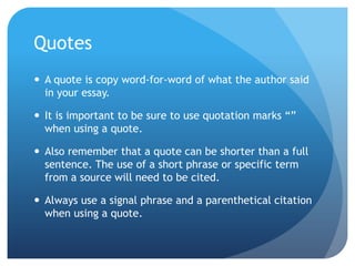 Summaries, Paraphases, and Quotes | PPTX