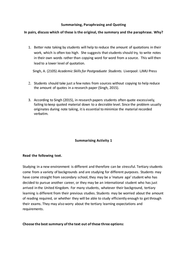 Summarising, paraphrasing and quoting worksheet | DOCX | Homework and ...