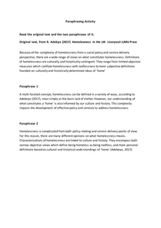 Summarising, paraphrasing and quoting worksheet | DOCX