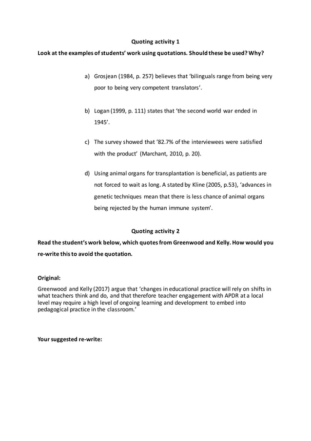 Summarising, paraphrasing and quoting worksheet | DOCX | Homework and ...