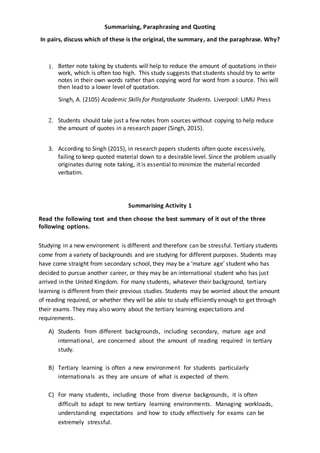 Summarising, paraphrasing and quoting worksheet (lgbtq+ version) | DOCX
