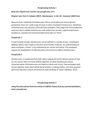 Summarising, paraphrasing and quoting worksheet (lgbtq+ version) | PDF