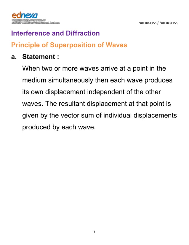 Summarized notes - 12th Science JEE - Interference and Diffraction | DOCX