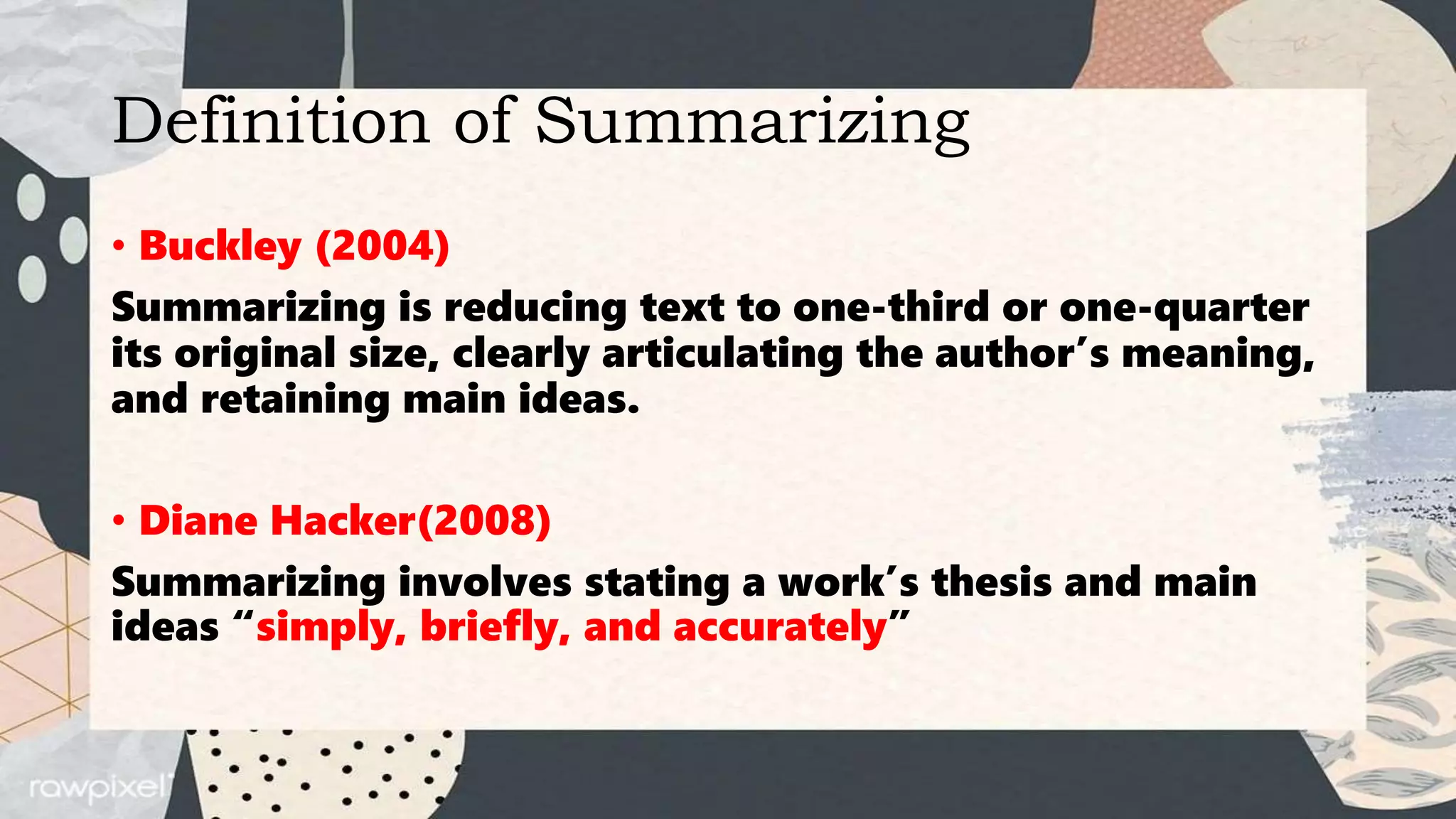 Definition, Purpose, Rules and Techniques in Summarizing Academic Texts | PPTX