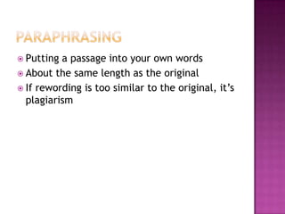 Summarizing, Paraphrasing, and Quoting | PPTX