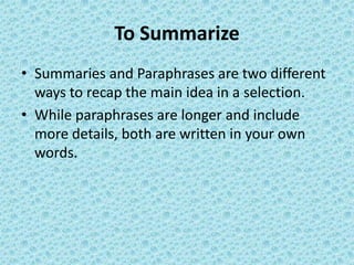 5th Grade - Summarizing and Paraphrasing | PPTX